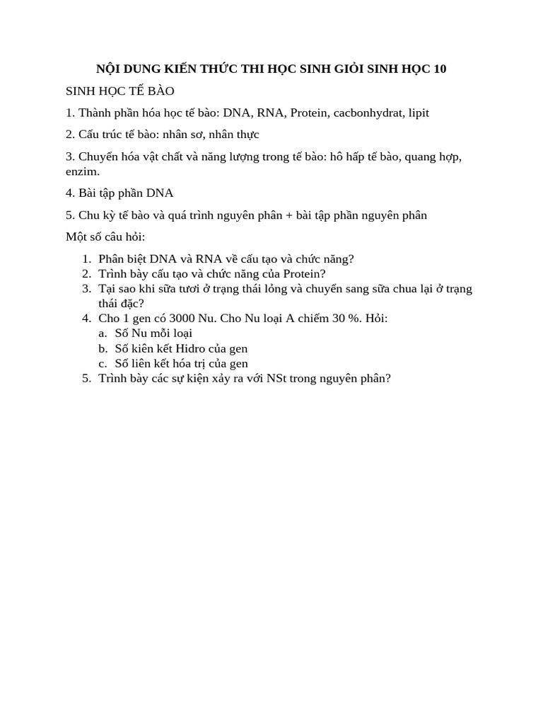 Đề Cương Ôn Thi HSG Sinh 10 | PDF