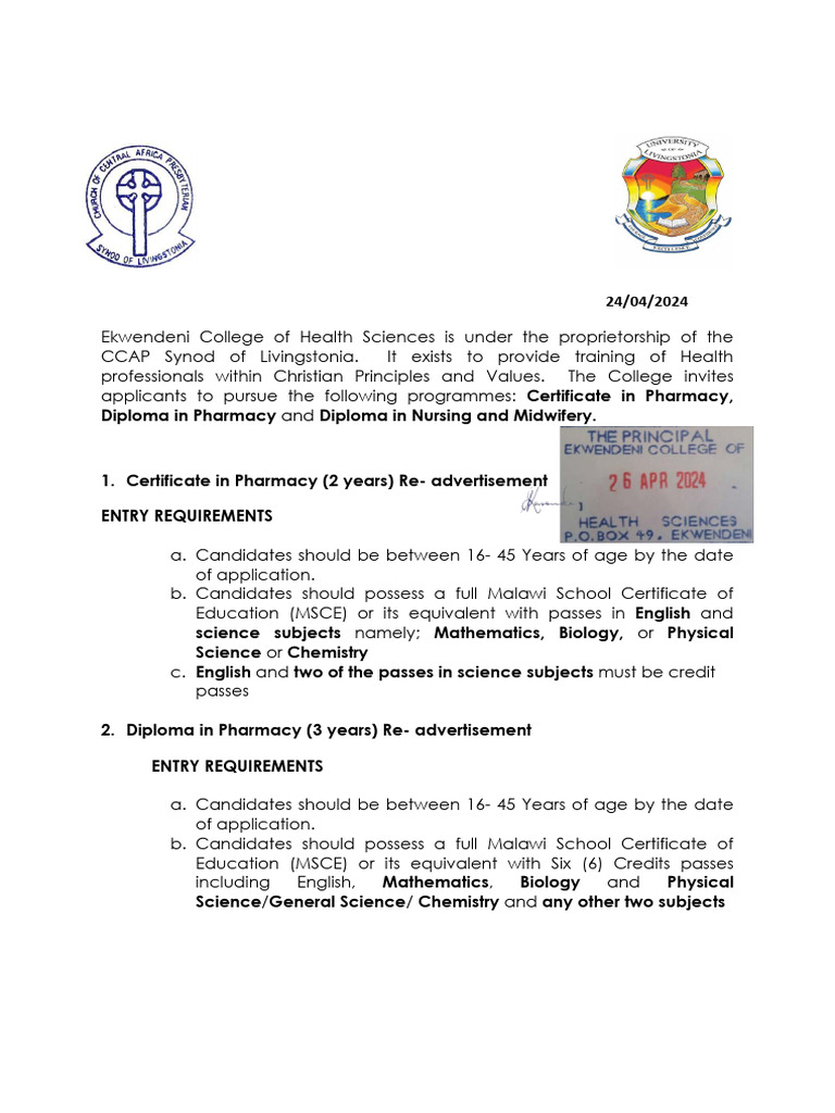 Ekwendeni College Health Programs 2024 | PDF