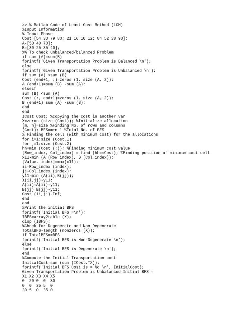 Matlab Code for Least Cost Method | PDF