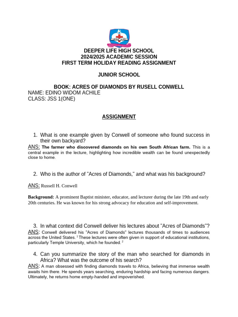 Deeper Life High School Reading Assignment | PDF | Psychology | Social ...