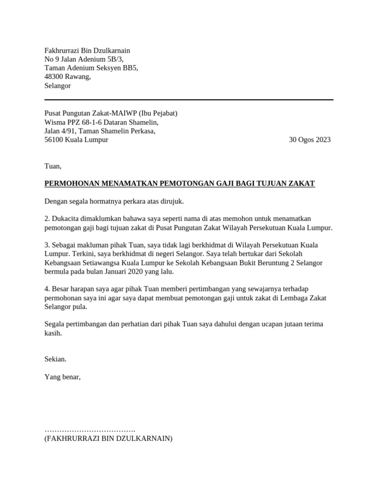 permohonan penamatan potongan zakat ppz kl | PDF