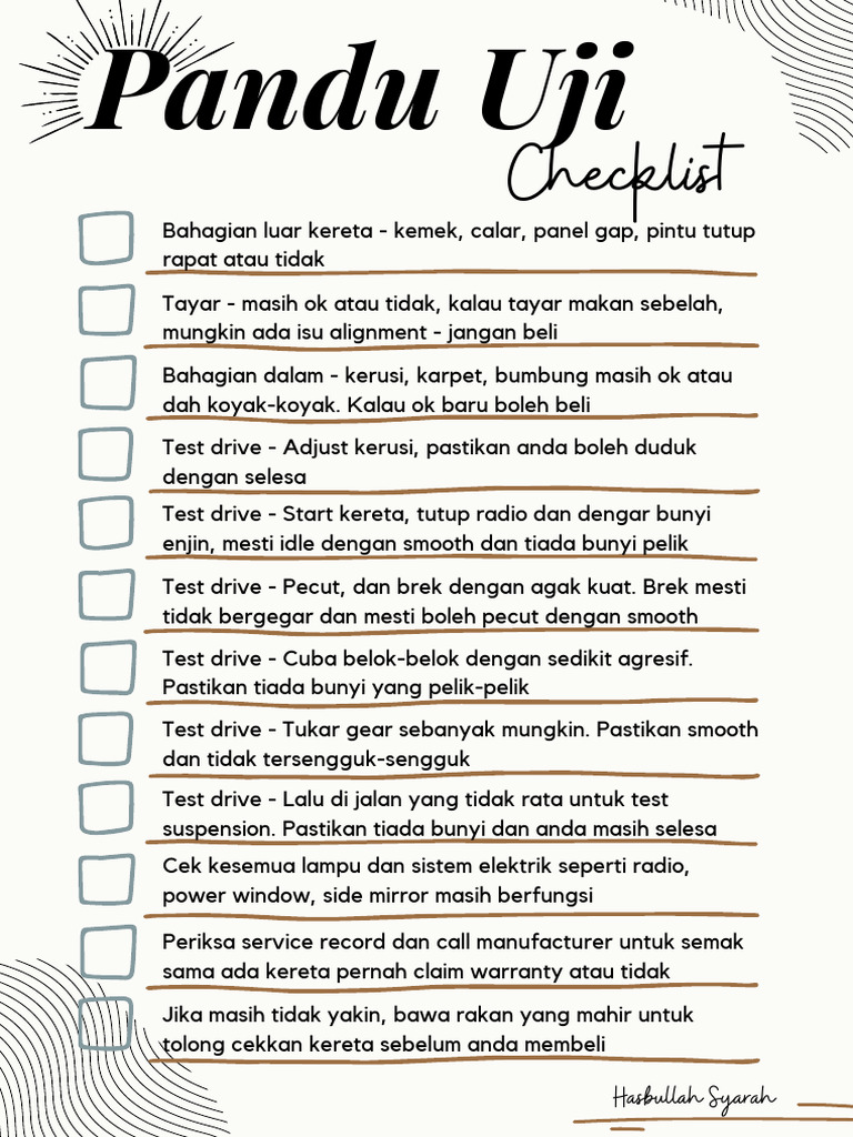 Checklist Pandu Uji Kereta 2nd Hand | PDF