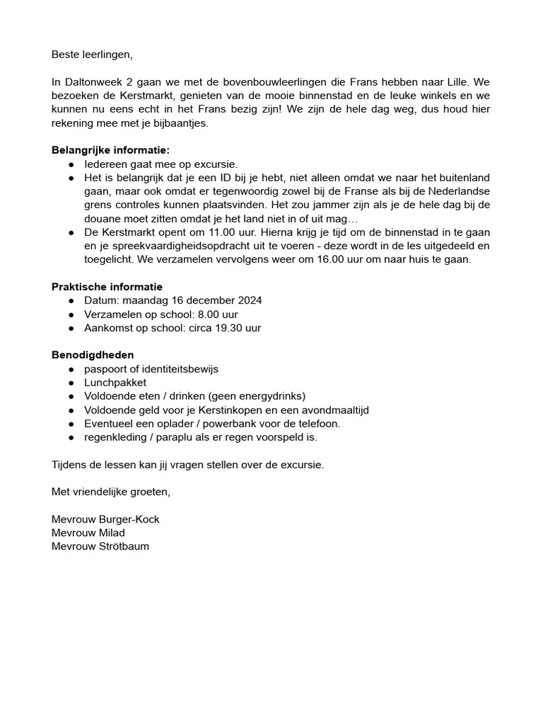 Brief Leerlingen - Lille | PDF