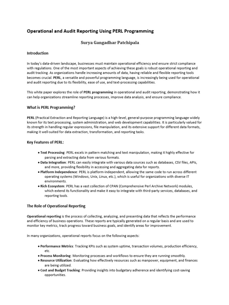 Operational and Audit Reporting Using PERL Programming | PDF | Perl | Databases