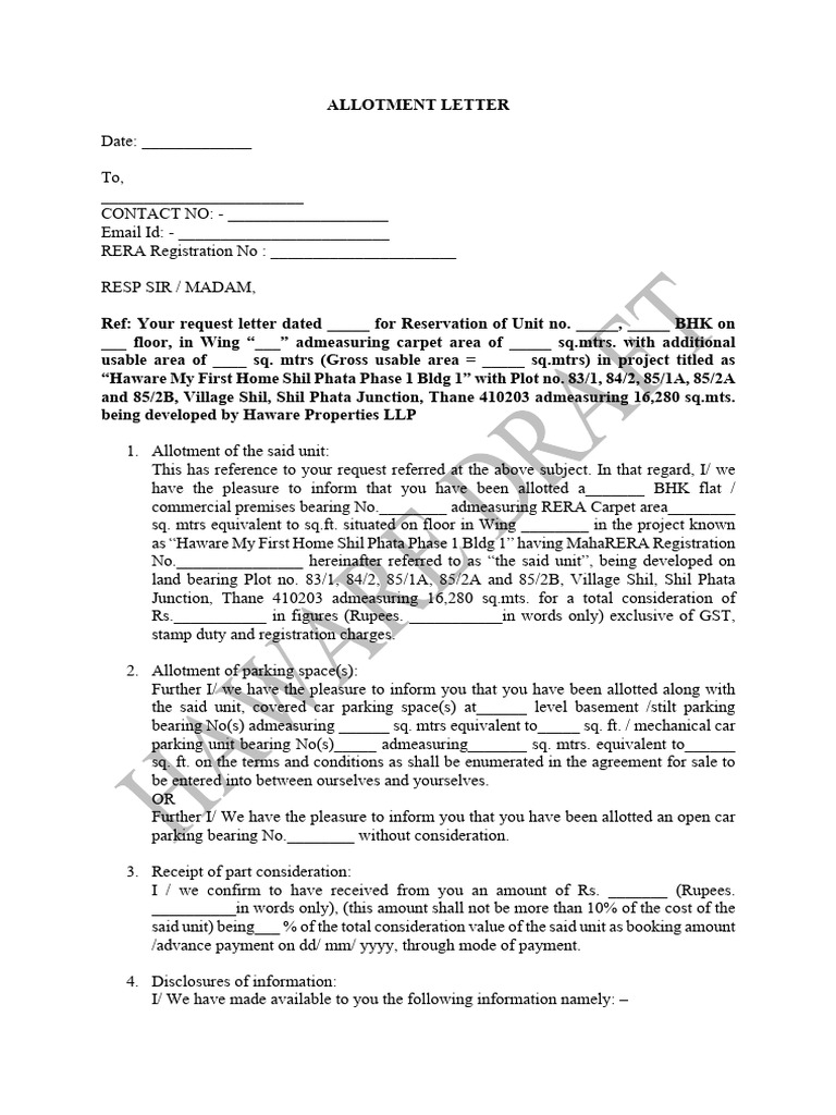 Allotment Letter for Residential Unit | PDF | Interest | Sanitary Sewer