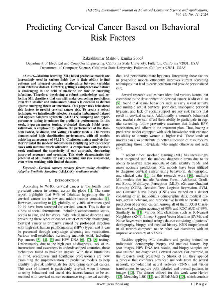 Paper 1-Predicting Cervical Cancer Based On Behavioral Risk Factors ...