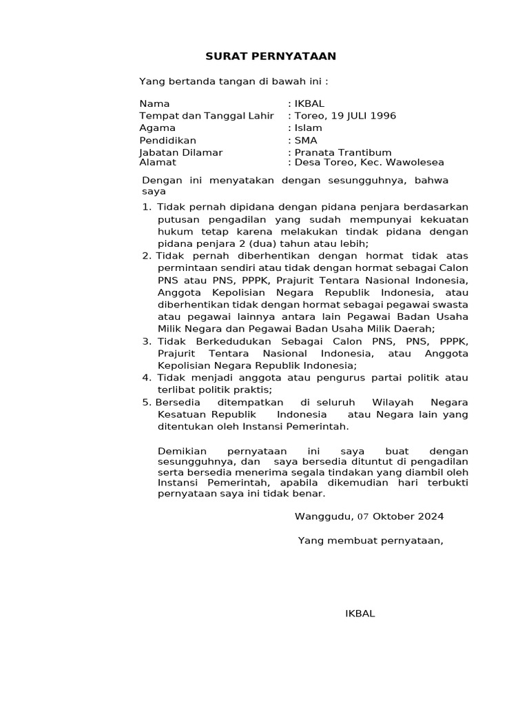 Surat Pernyataan Ikbal Lengkap | PDF