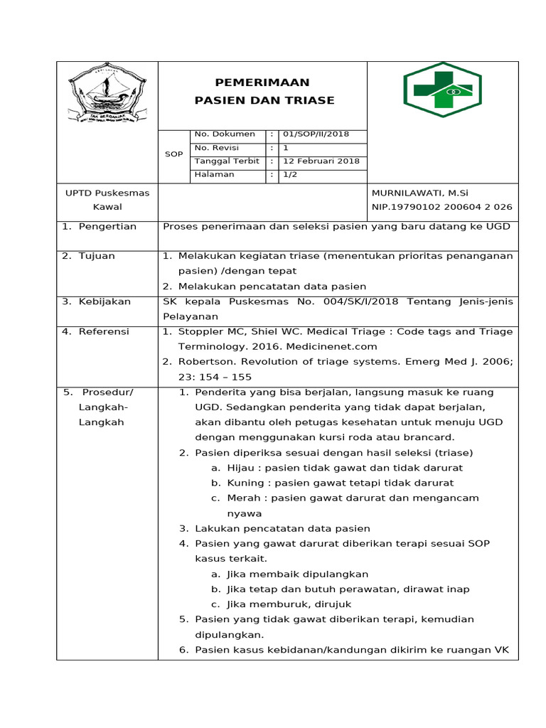 7.2.3 Ep 1 Sop Penerimaan Pasien Dan Triase 2019 | PDF