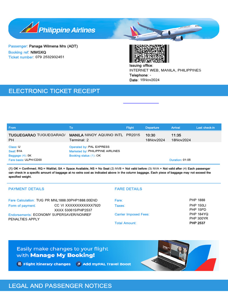 Electronic Ticket Receipt 18NOV For WILMENA PANAGA | PDF