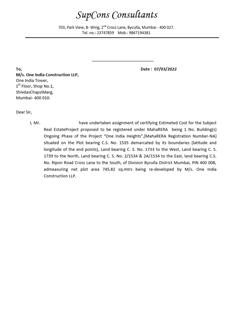 1 Engineer's Certificate On Cost Incurred On Project (Form 2) | PDF | Cost