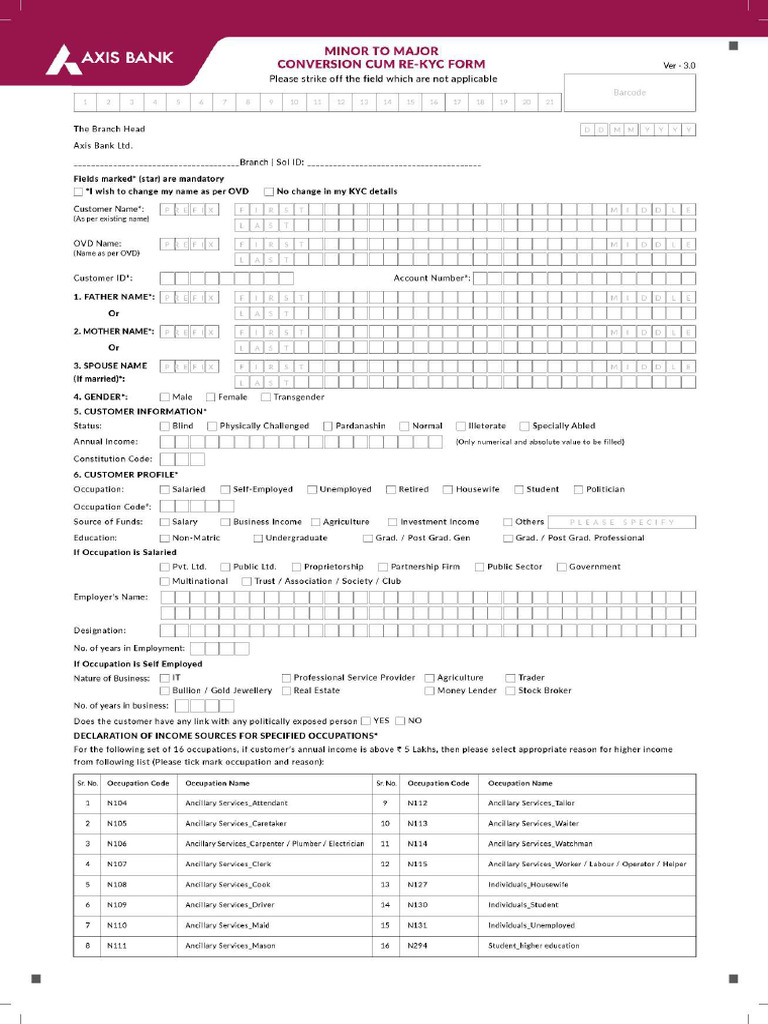 Minor To Major Conversion Cum Re Kyc Form | PDF