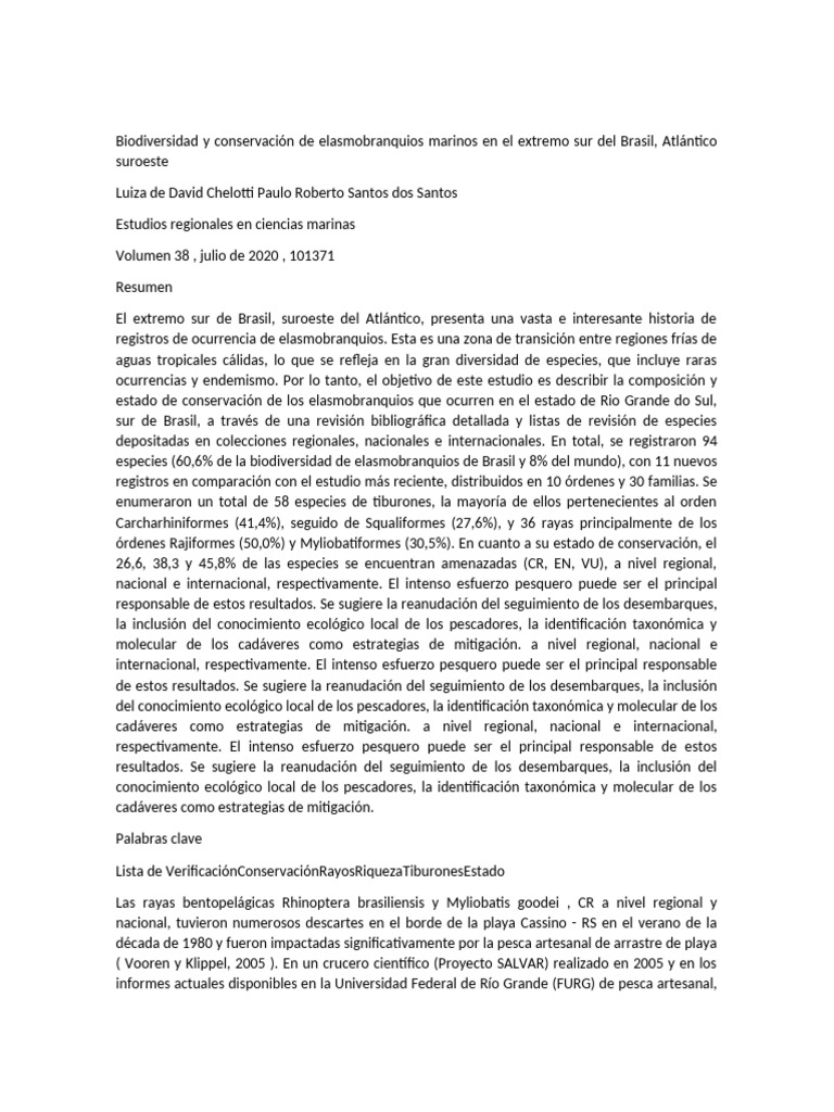 Biodiversidad y Conservación de Elasmobranquios Marinos en El Extremo ...