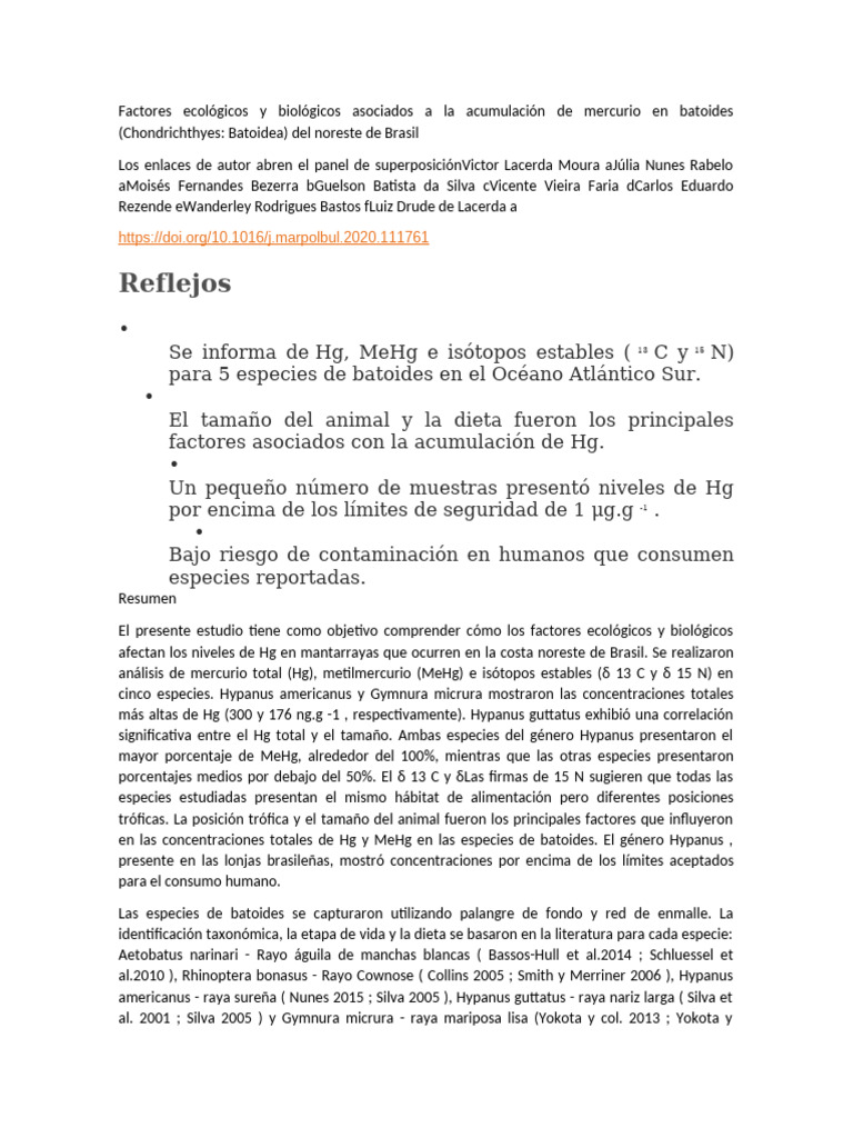 Acumulación de mercurio en batoides de Brasil | PDF | Mercurio (Elemento)