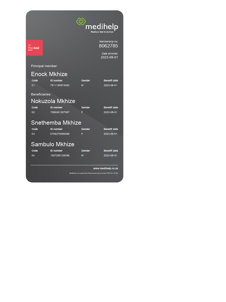 Medihelp Membership Details for Enock Mkhize | PDF