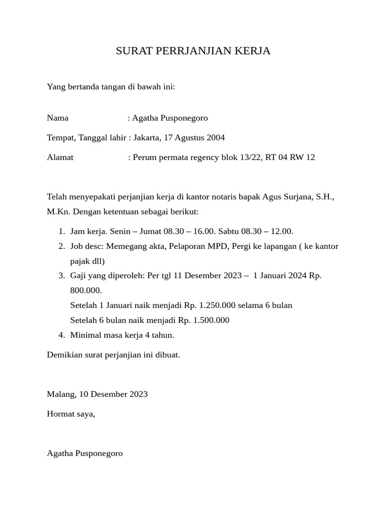 Surat Perrjanjian Kerja | PDF