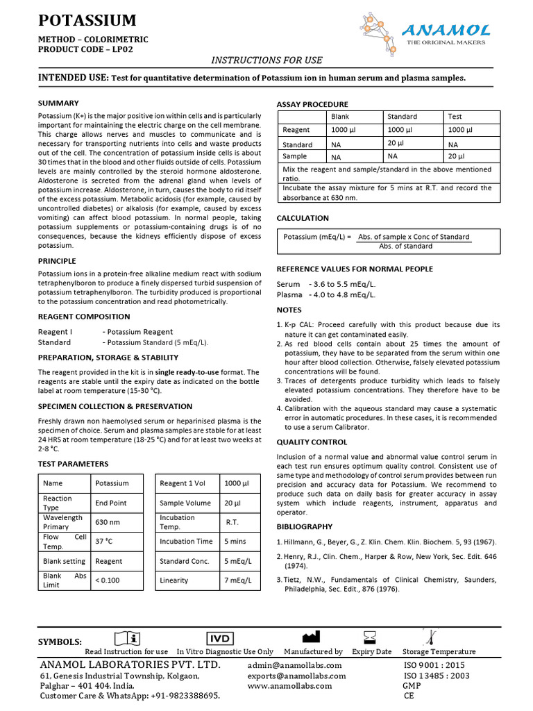 Potassium Pack Insert | PDF | Potassium | Chemistry