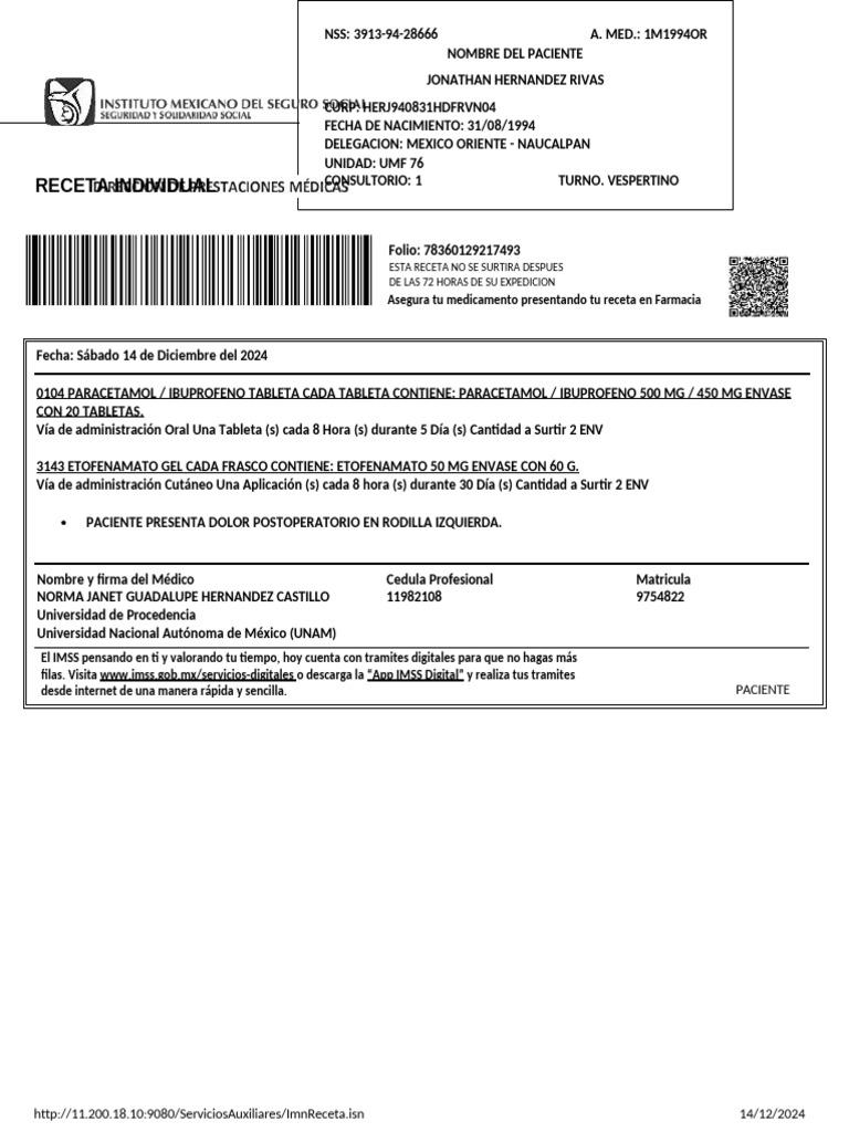 Justificante Receta IMSS Original | PDF | Terapia | Química medicinal
