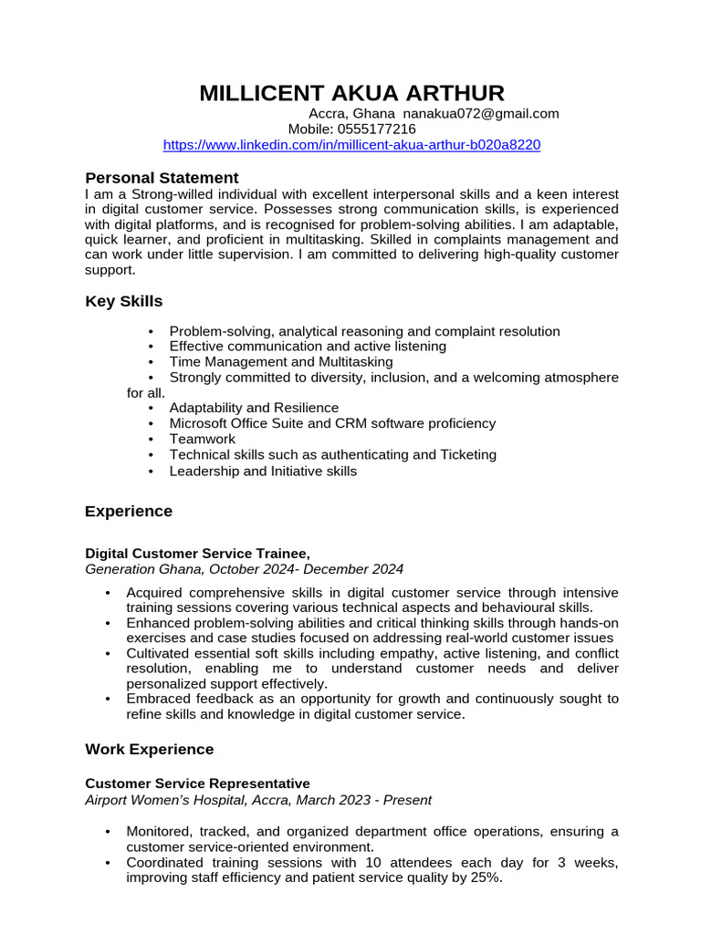 Arthur Millicent Akua - CV | PDF | Patient | Hospital
