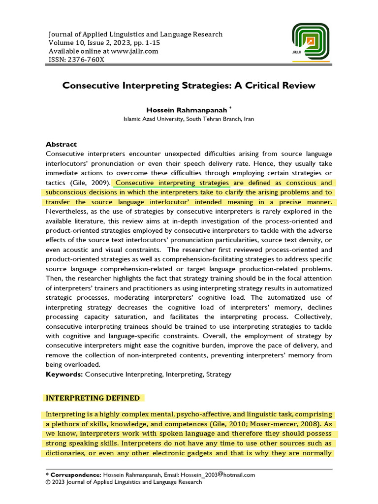 Consecutive Interpreting Strategies - A Critical Review | PDF ...