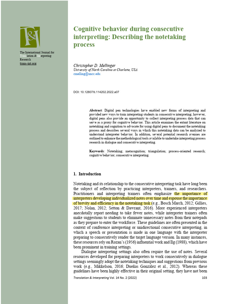 Cognitive Behavior During Consecutive Interpreting_Describing the Notetaking Process | PDF ...