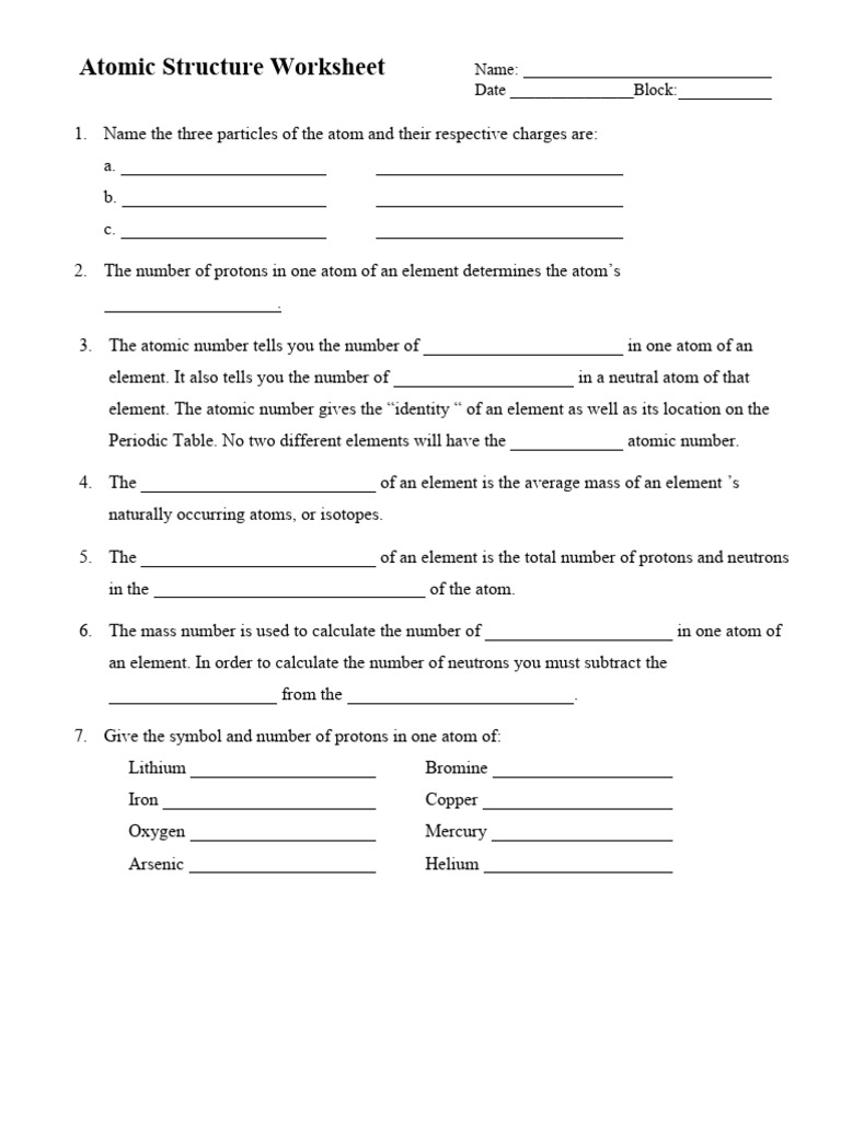 Atomic_Structure_Worksheet | PDF | Chemical Elements | Atoms