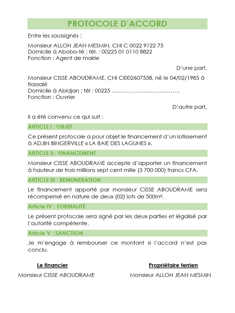 Modèle de protocole d'accord financier | PDF