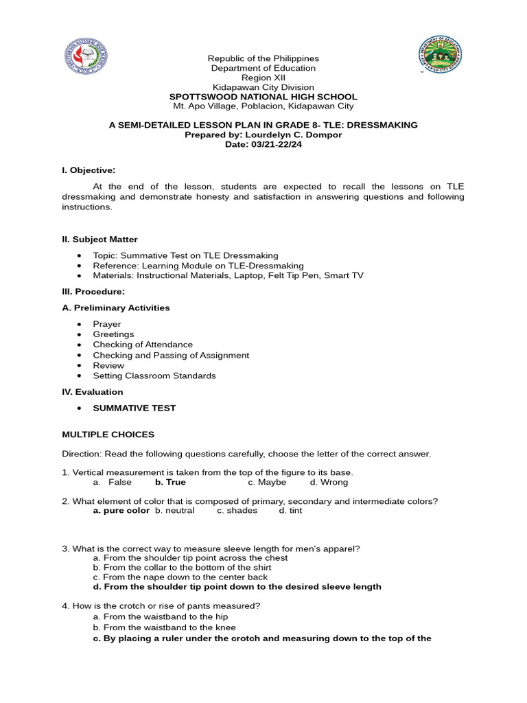 TLE-Dressmaking-Summative2 | PDF | Sewing | Sewing Machine