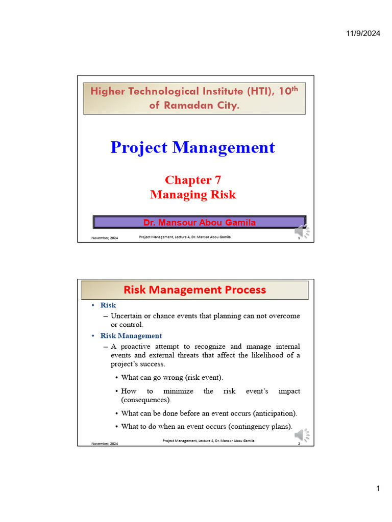Project Management - Lecture 4 - Chapter 7 - Managing Risk | PDF | Risk | Variance