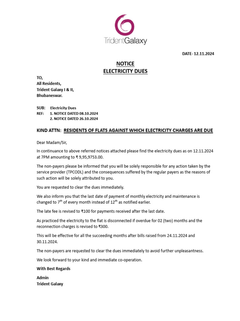 20241112 Notice for Electricity Dues | PDF | Payments | Services ...