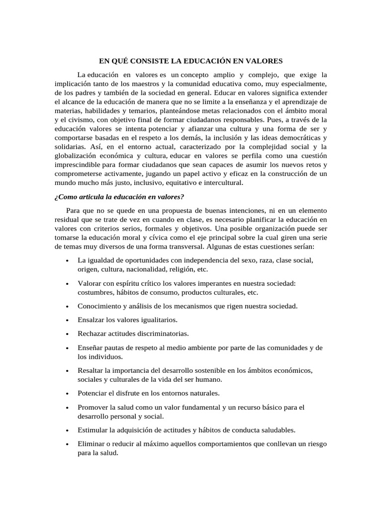 EN QUÉ CONSISTE LA EDUCACIÓN EN VALORES | PDF