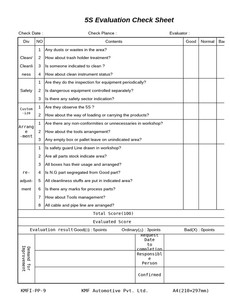 5S Evaluation Check Sheet (PP-9) | PDF