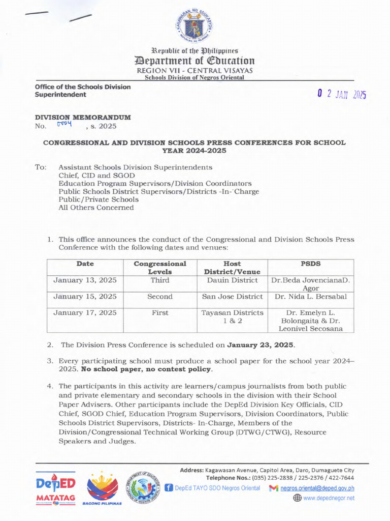 DM No 0004 S. 2025 Congressional and Division Schools Press Conferences ...