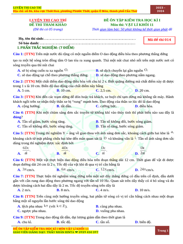 ĐỀ KIỂM TRA HỌC KÌ I MÔN VẬT LÍ KHỐI 11 ĐỀ 14 - 28TN 4TL | PDF