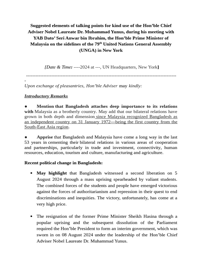 Draft TPs For The Chief Adviser During His Meeting With HPM of Malaysia ...