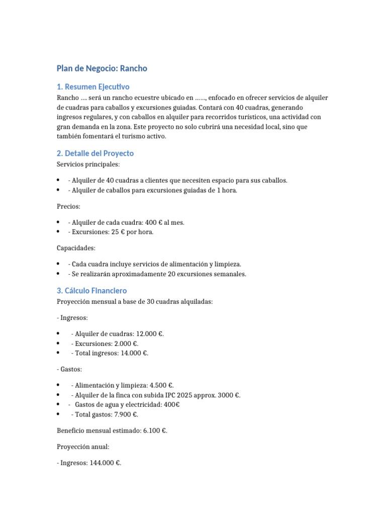 Plan de Negocio Rancho | PDF