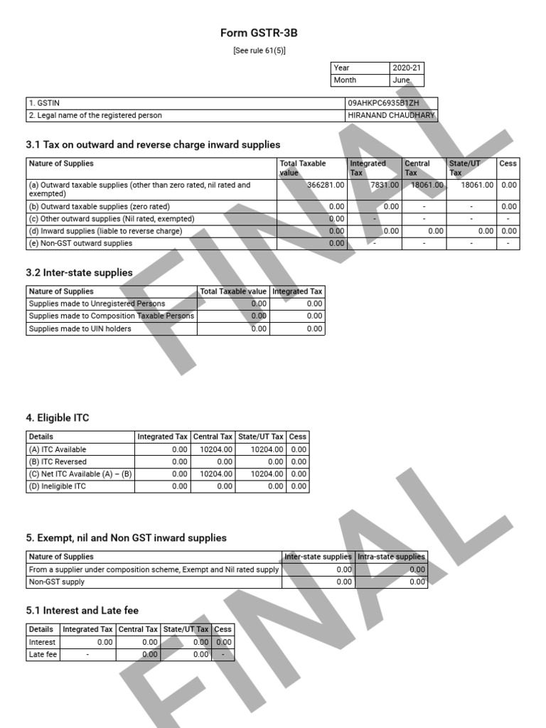 GSTR-3B June 2020-21 Tax Summary | PDF | Taxes | Money
