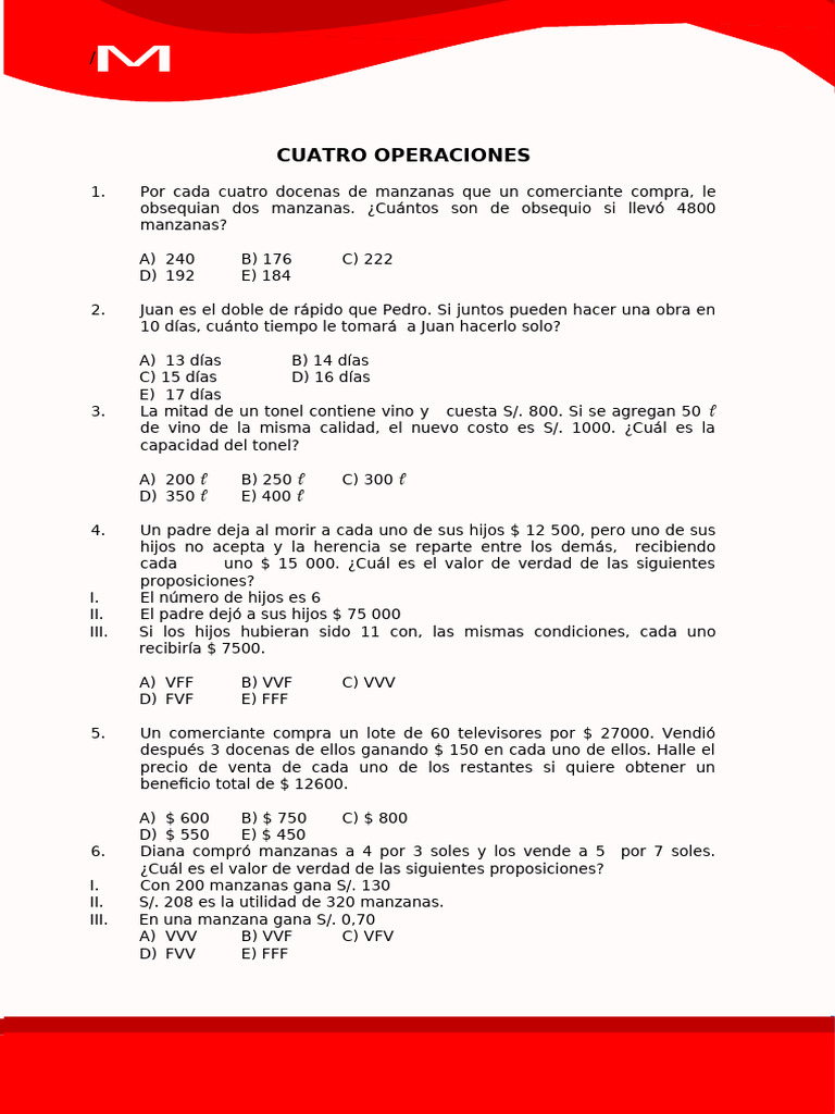 Cuatro Operaciones | PDF