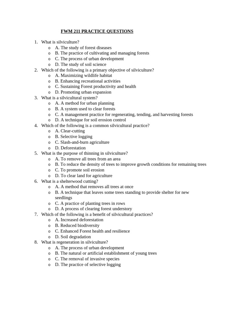 FWM 211 PRACTICE QUESTIONS | PDF | Forests | Deforestation