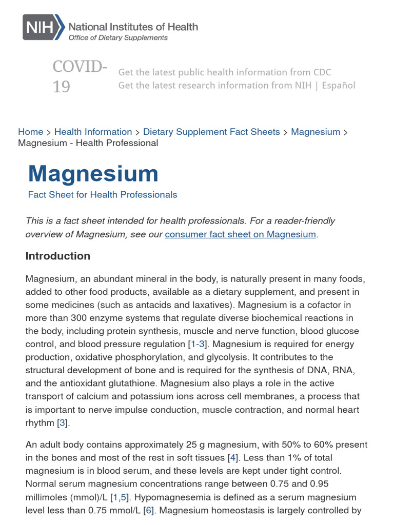 Magnesium Fact Sheet for Professionals | PDF | Magnesium | Blood Pressure