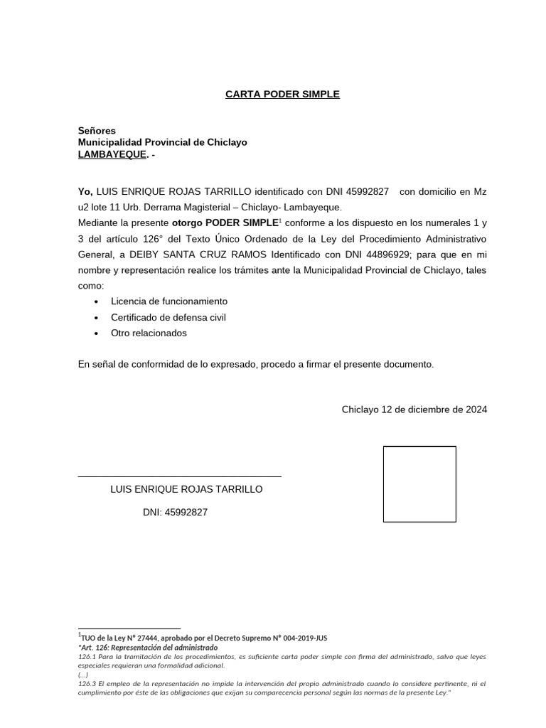 Modelo de Carta Poder Simple Chiclayo | PDF