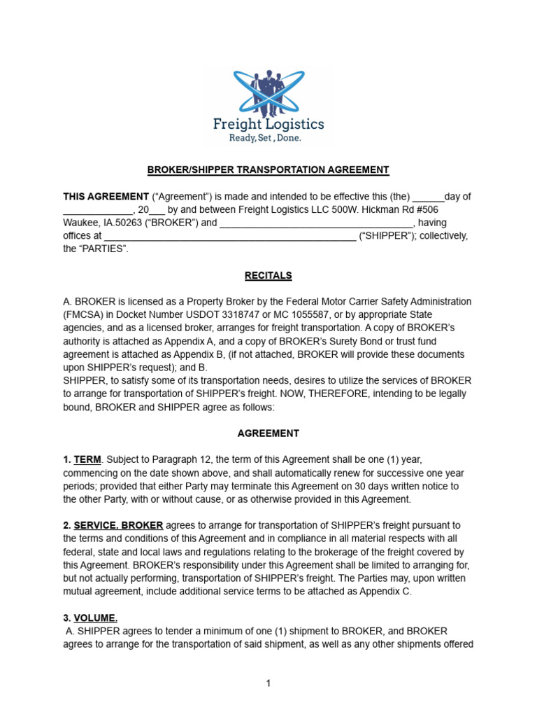 Broker/Shipper Transportation Agreement | PDF | Indemnity | Cargo