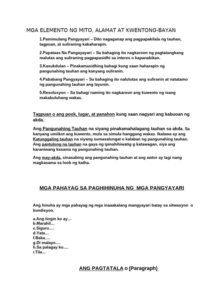 MGA ELEMENTO NG MITO, ALAMAT AT KUWENTONG-BAYAN | PDF