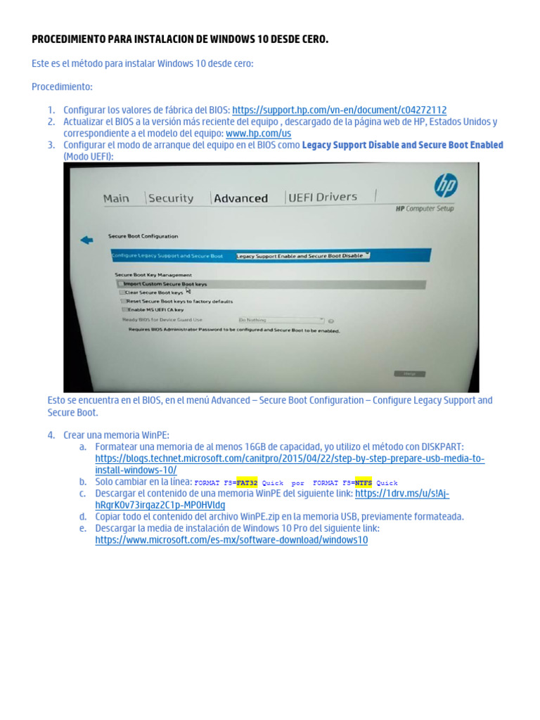 Procedimiento para Instalacion de Windows 10 Desde Cero | PDF ...