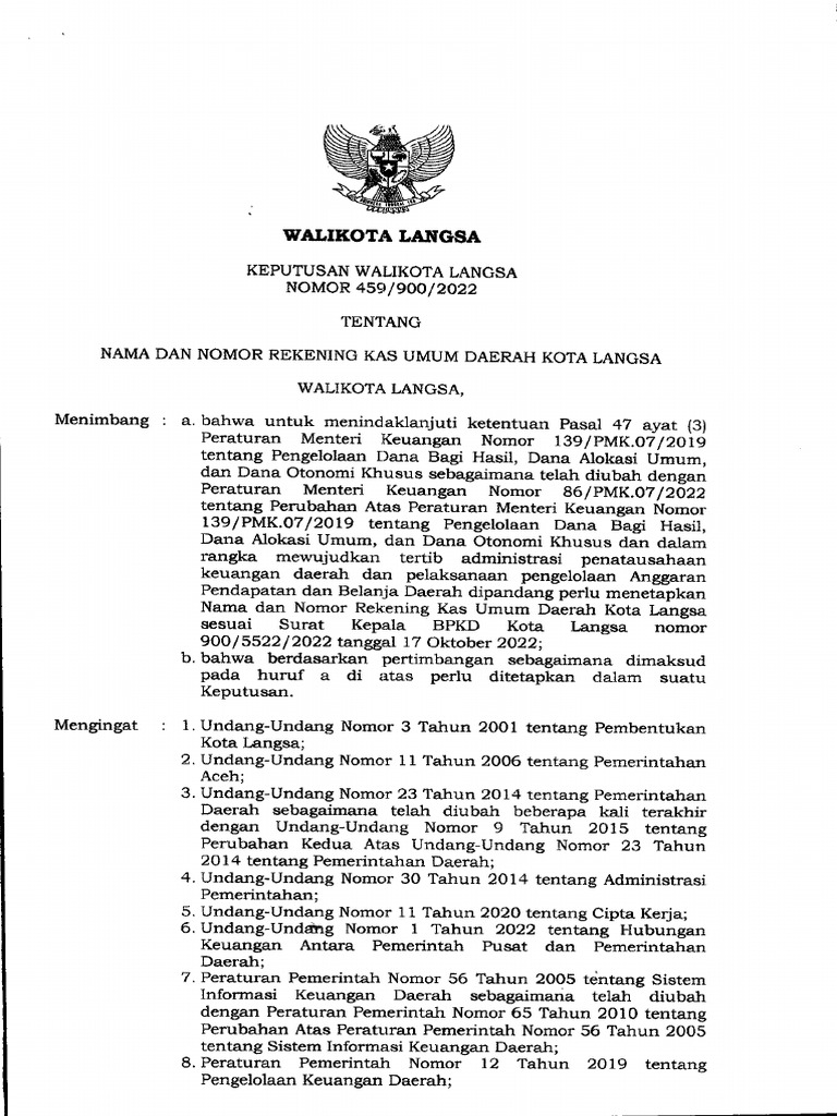 SK Walikota Langsa 2022 Tentang Nomor RKUD | PDF