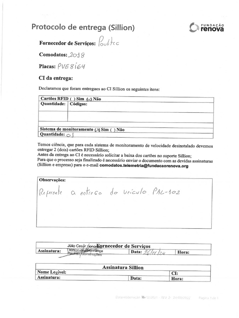 Protocolo de Entrega (Sillion) Pve-8i64 | PDF