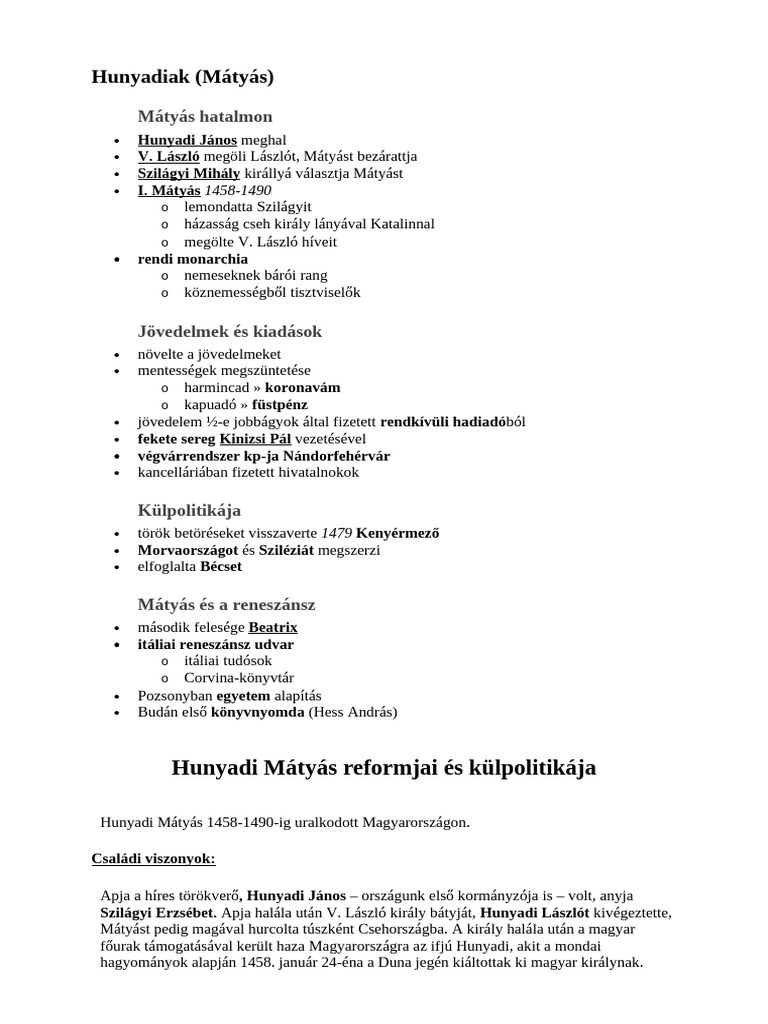 4. tétel A Hunyadiak Magyarországon | PDF