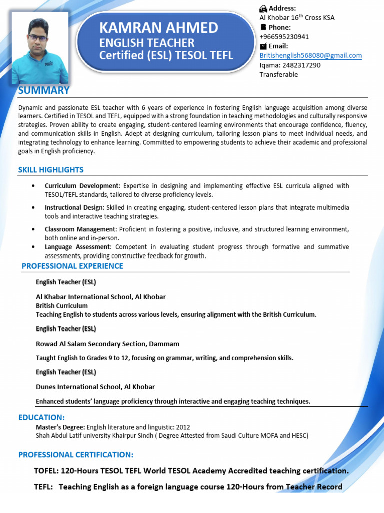 Kamran CV Esl English Teacher | PDF | English As A Second Or Foreign Language | Curriculum