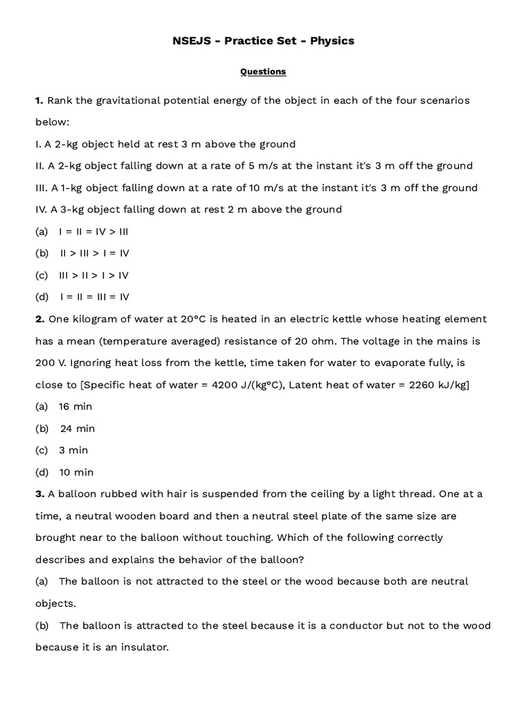 NSEJS - Practice Set - Physics | PDF | Force | Acceleration NSEJS - Practice Set - Physics | PDF | Force | Acceleration