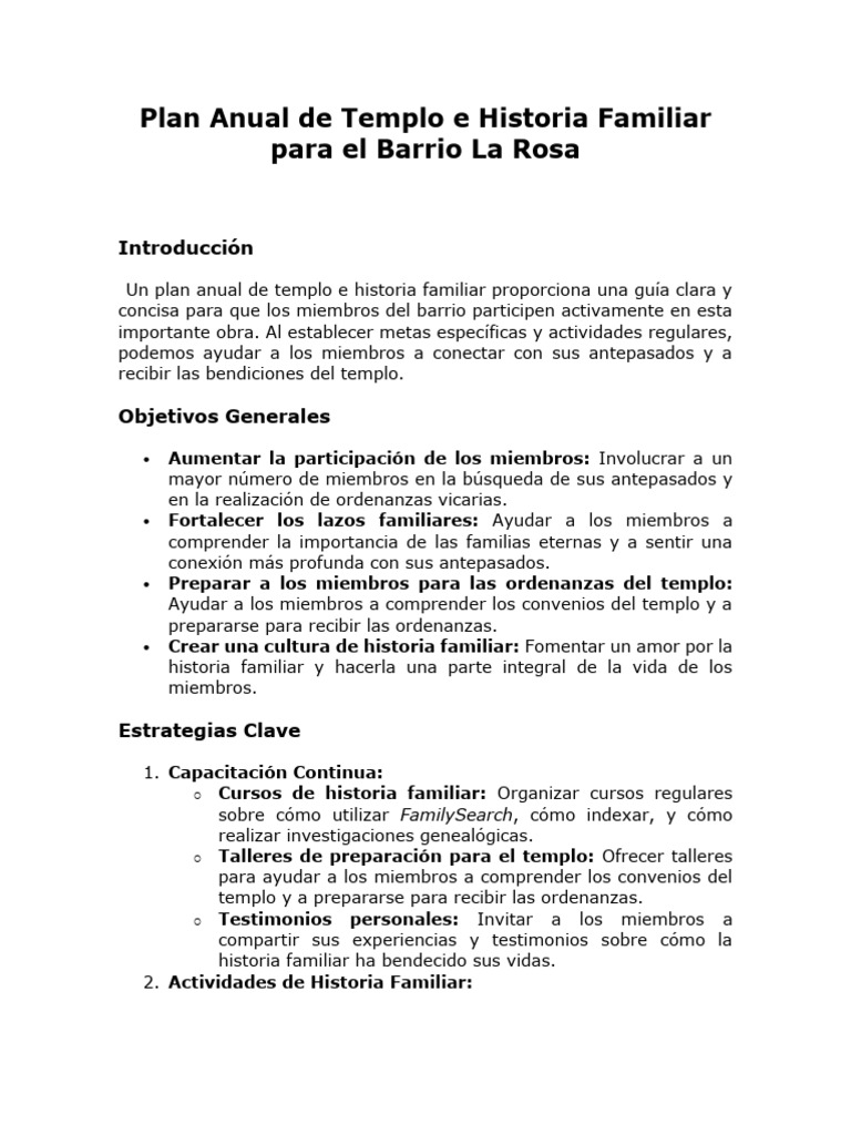 Año 2025. Plan Anual de Templo e Historia Familiar Del Barrio La Rosa | PDF