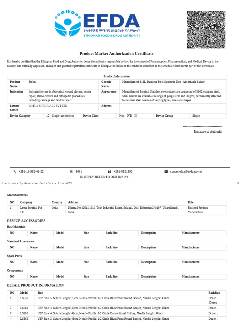 Product Market Authorization Certificate Stelus | PDF | Surgical Suture